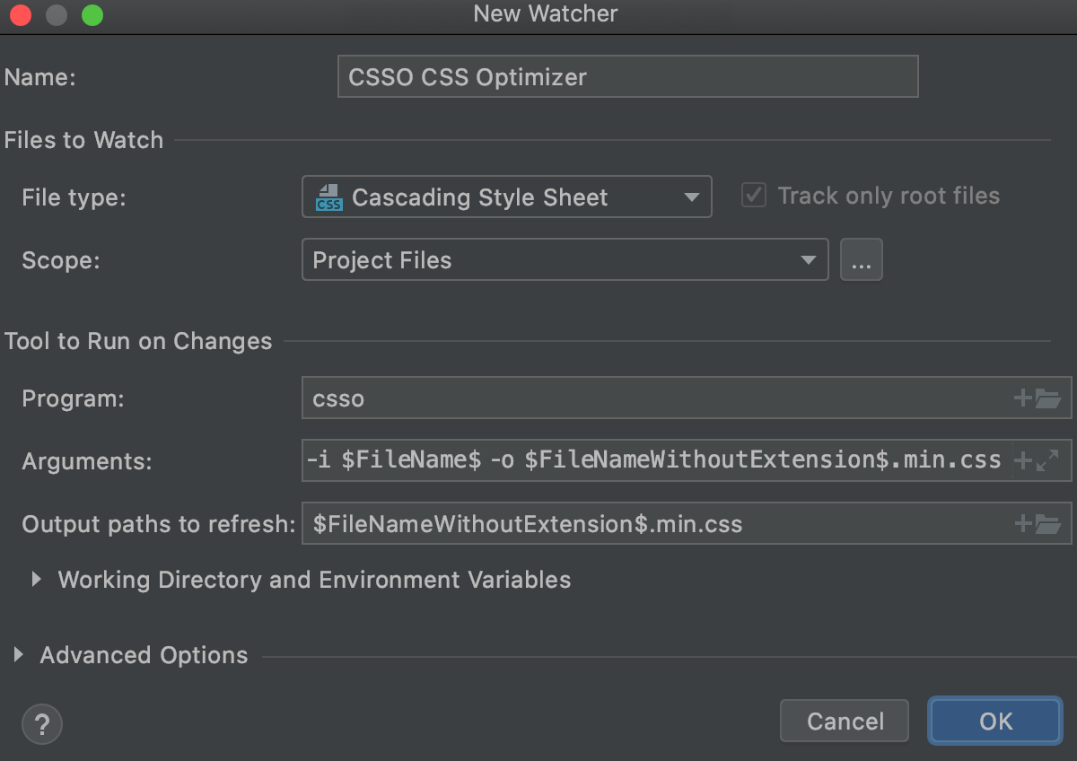 Minifying CSS PhpStorm Documentation