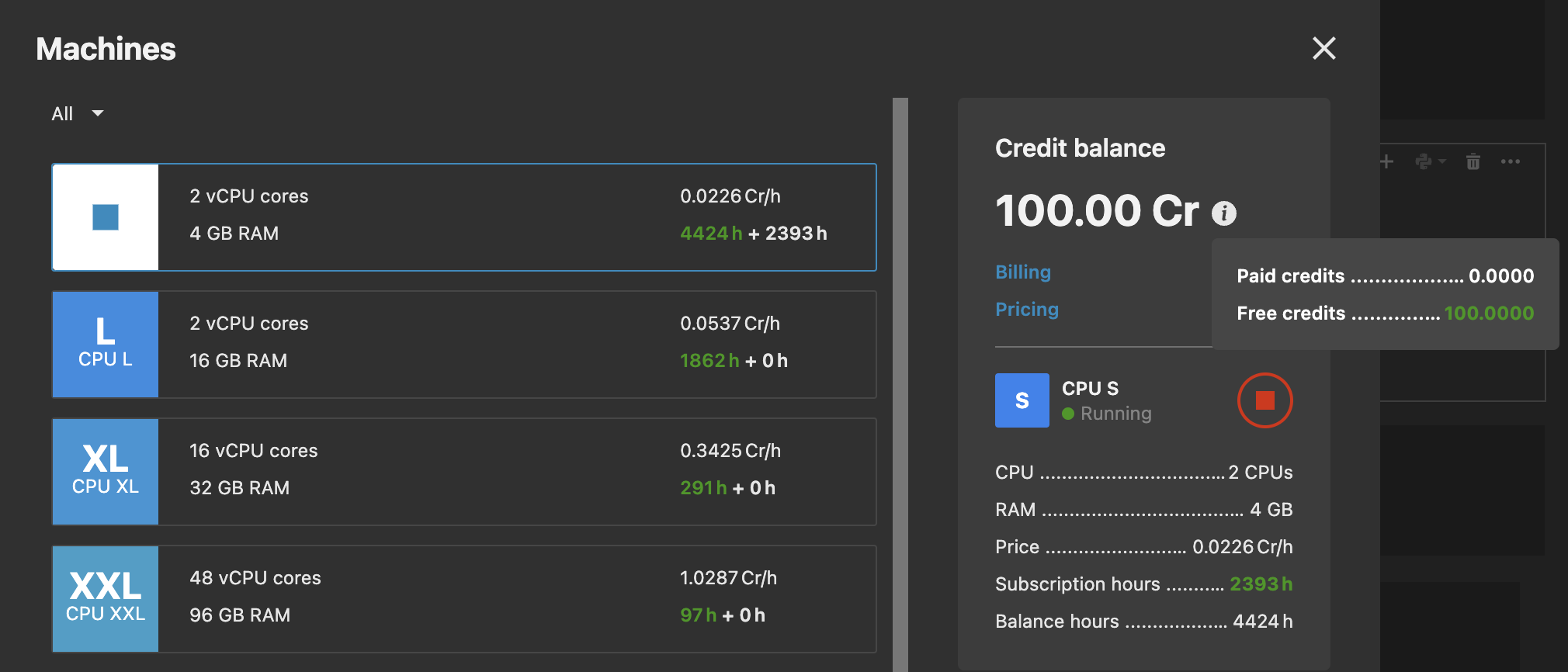 CPU and GPU machine options | Datalore Documentation