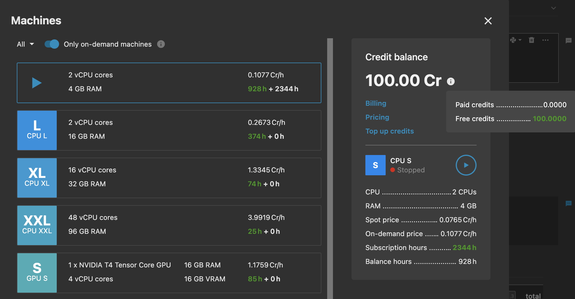 Use CPU and GPU machines | Datalore Documentation