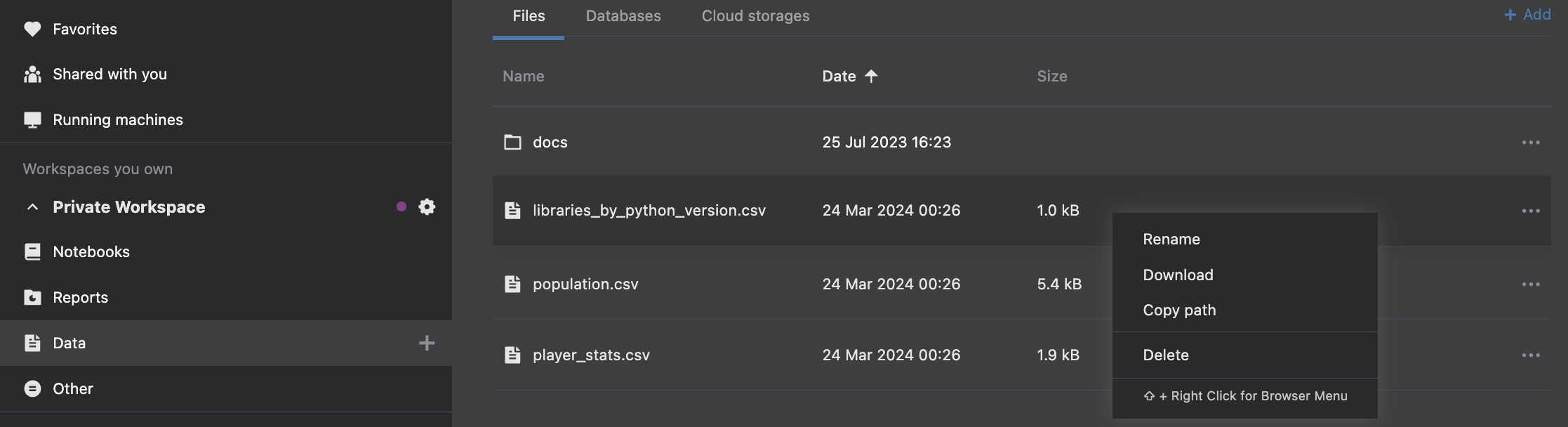 Manage Files In A Workspace Datalore Documentation