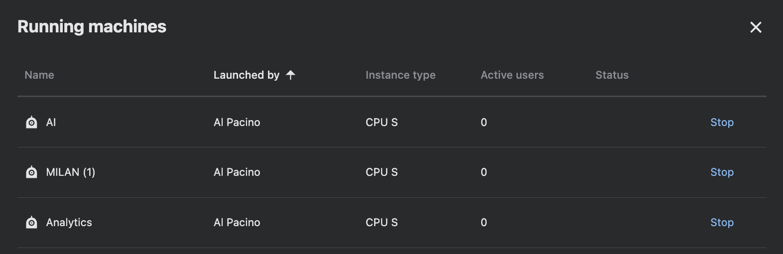 Manage running machines | Datalore Documentation