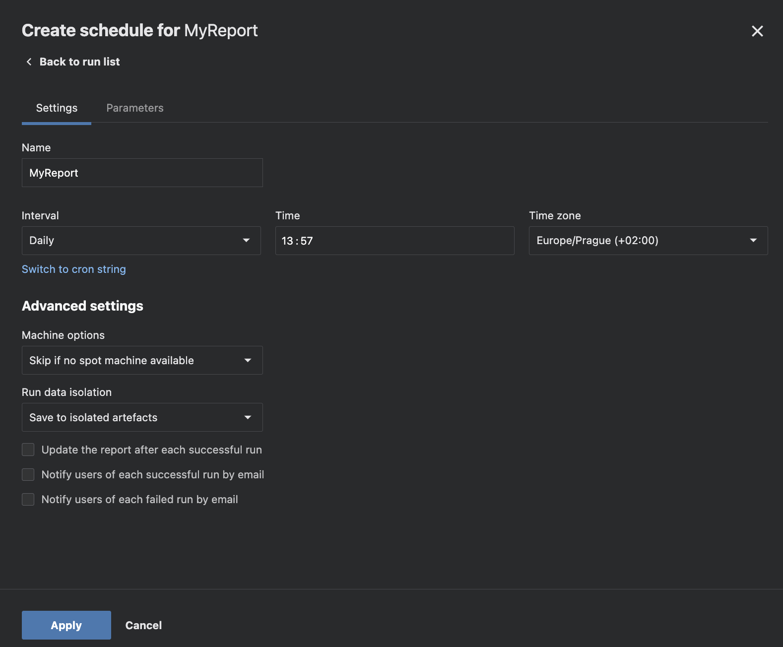 Schedule notebook runs | Datalore Documentation