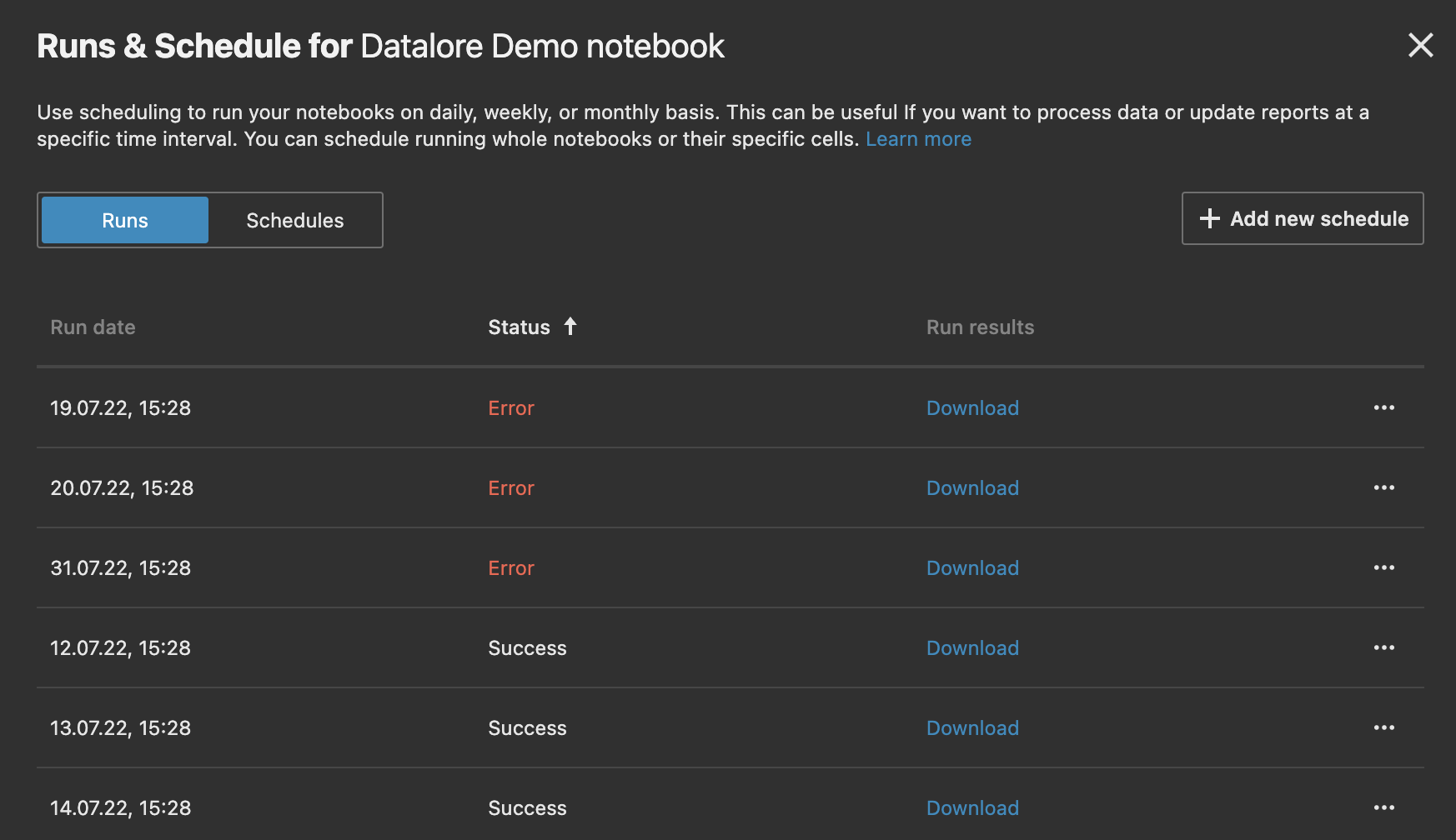 Schedule notebook runs | Datalore Documentation
