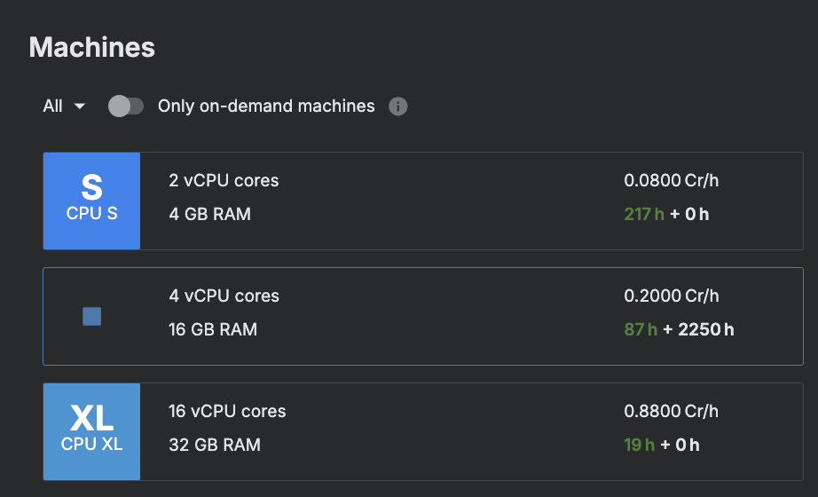 Choose CPU and GPU machines | Datalore Documentation