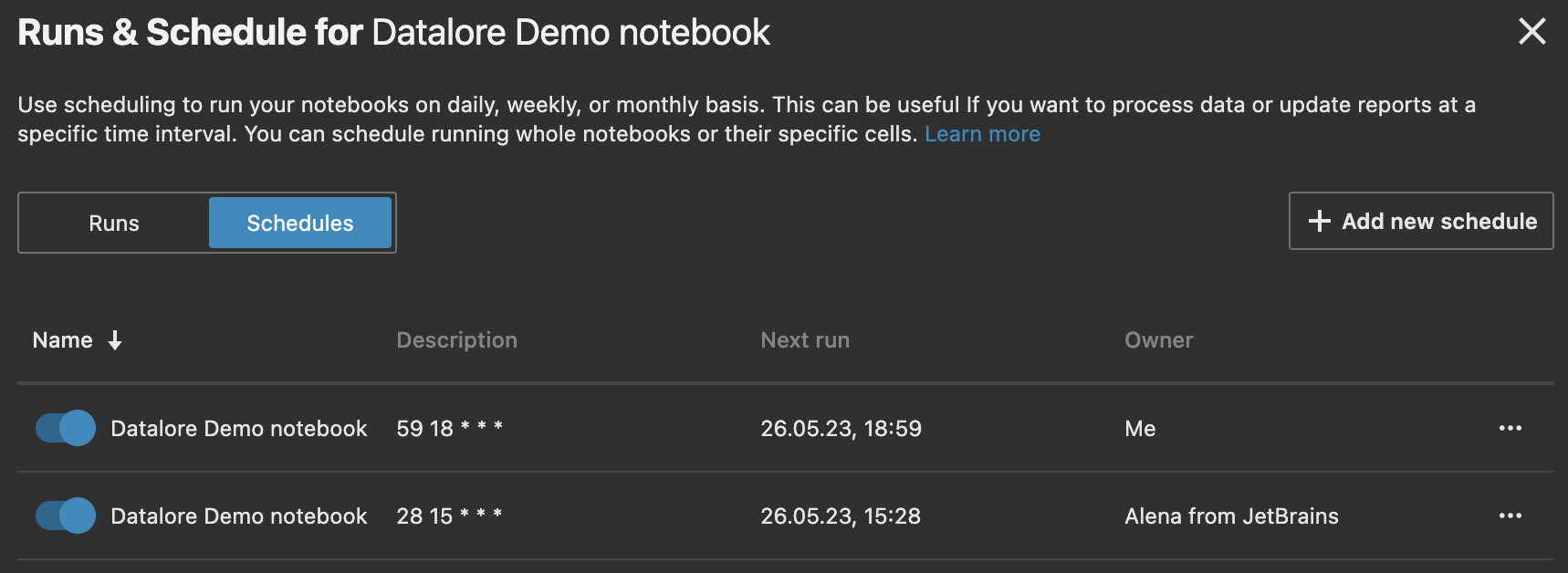 Schedule notebook runs | Datalore Documentation