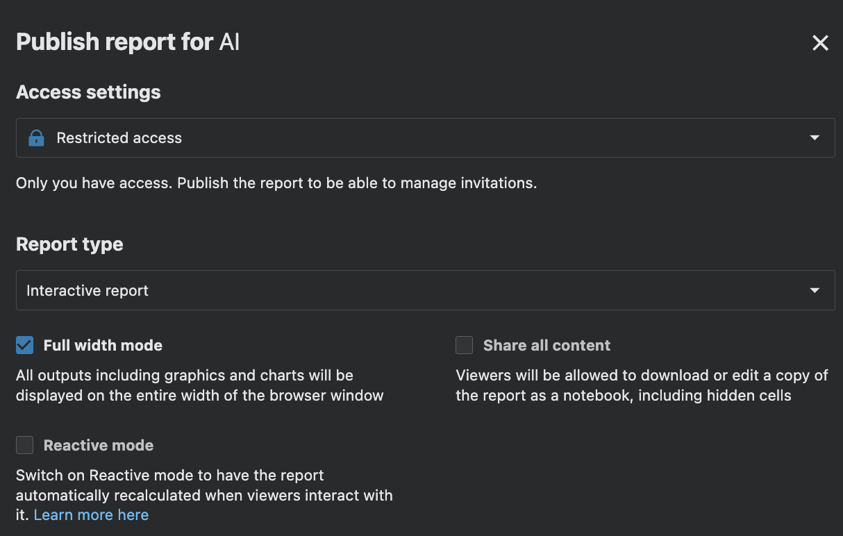 Publish a report | Datalore Documentation