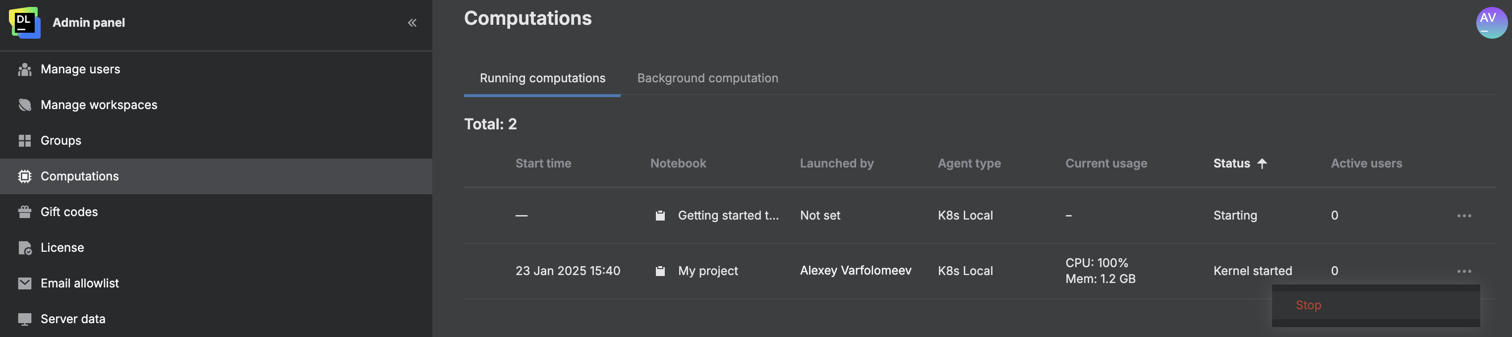 Manage computations | Datalore Documentation