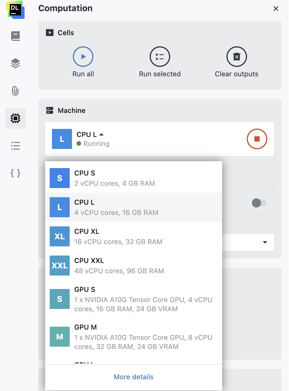 Choose CPU and GPU machines | Datalore Documentation