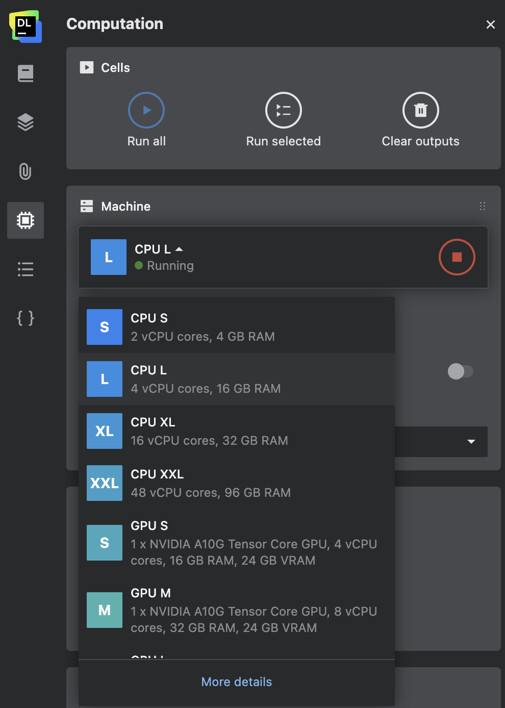 Choose CPU and GPU machines | Datalore Documentation