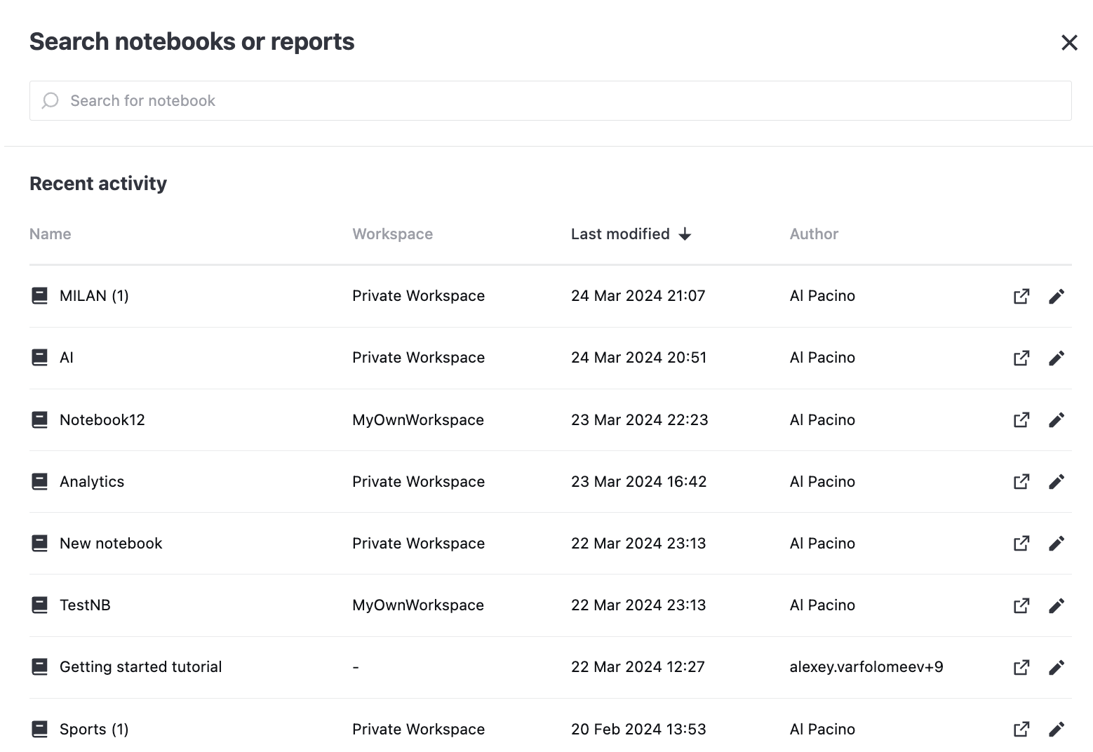 Search notebooks or reports | Datalore Documentation