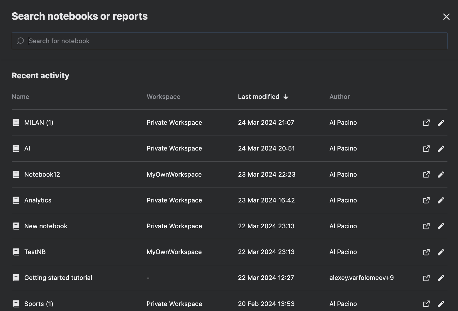 Search notebooks or reports | Datalore Documentation