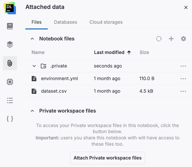 Manage files attached to a notebook | Datalore Documentation