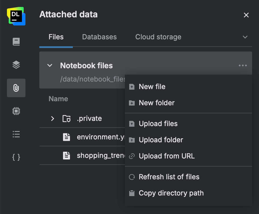 Manage files attached to a notebook | Datalore Documentation