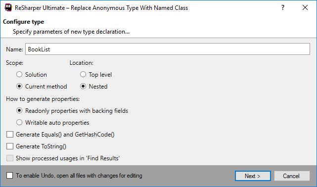 匿名から名前付き型に変換リファクタリング | ReSharper ドキュメント