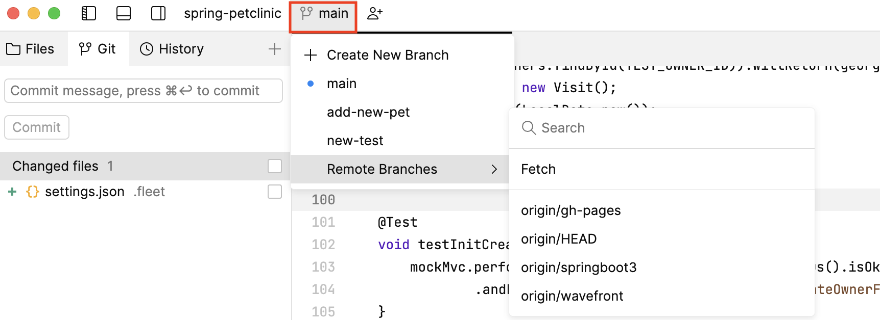 Manage Git branches | JetBrains Fleet Documentation