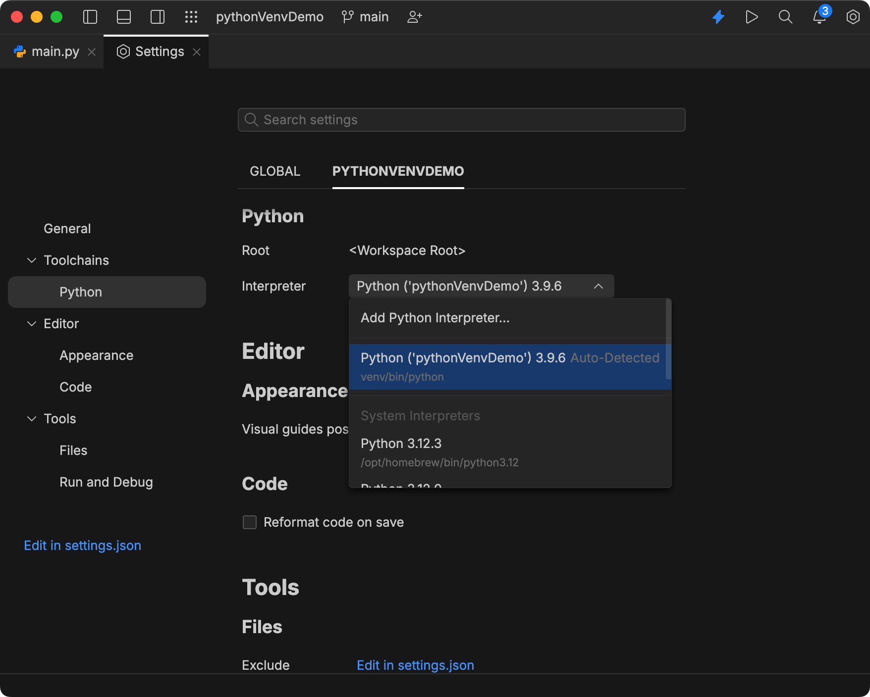 Running code using a virtual environment | JetBrains Fleet Documentation