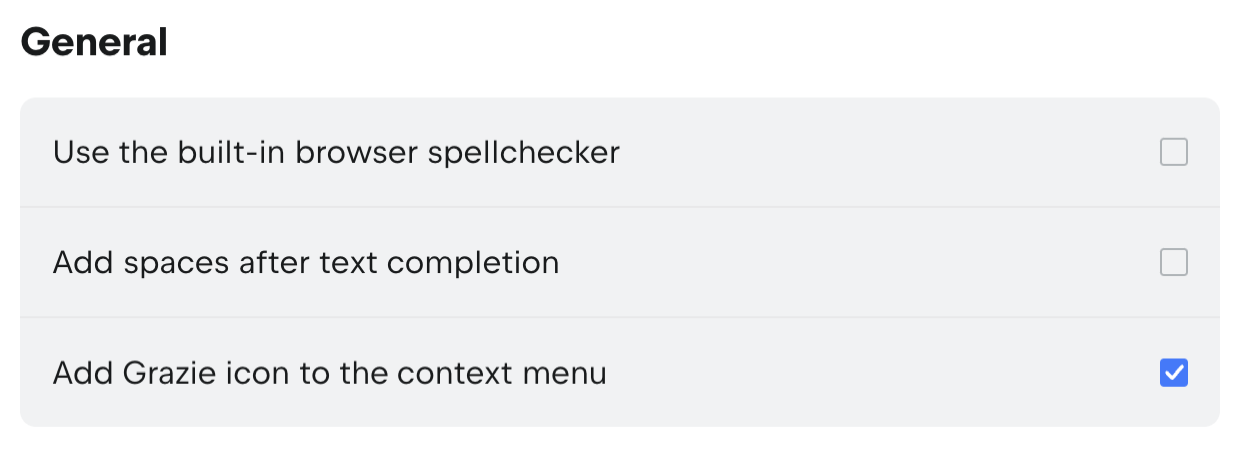 General settings | Grazie Browser Extension Documentation