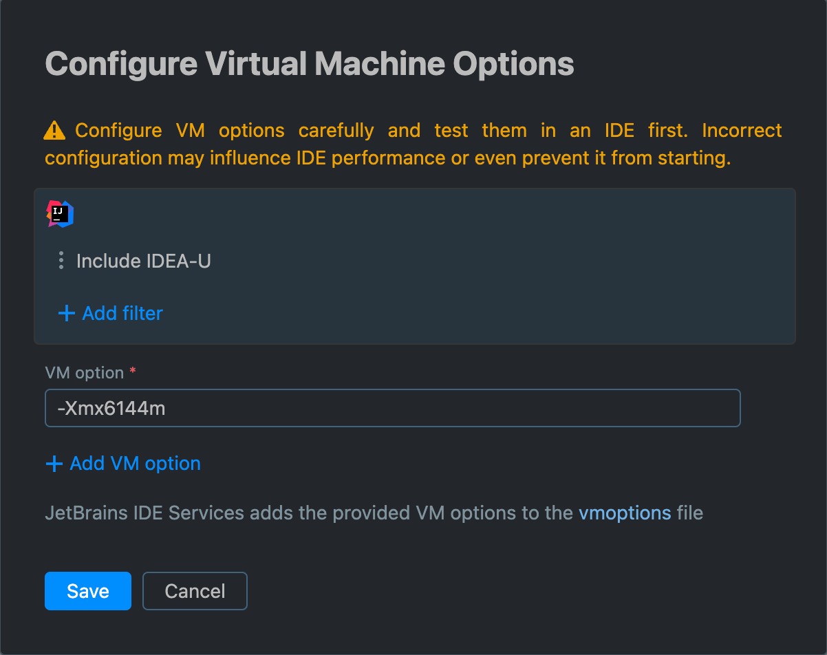 Configure settings and VM options | IDE Services Documentation