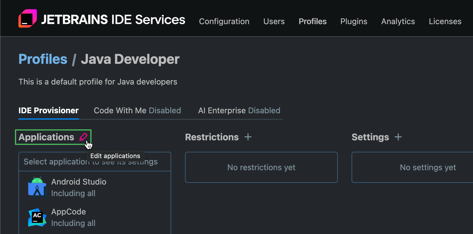 Configure available applications | IDE Services Documentation