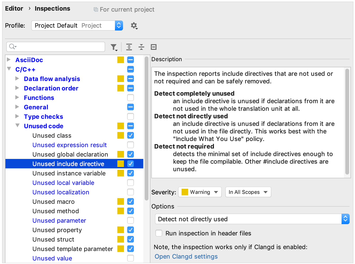 Inspection: Unused Include Directive - Help | CLion