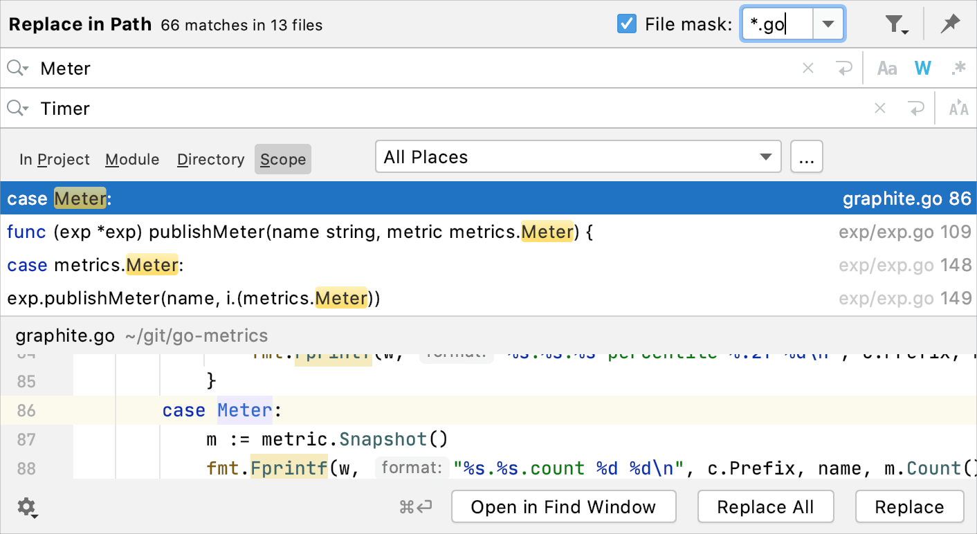 Search and replace a target within a project - Help | GoLand