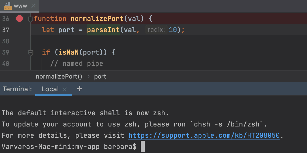Start the debugger session | WebStorm
