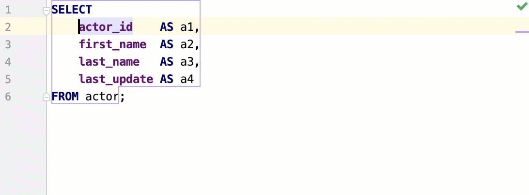Multiple cursors and selection ranges | DataGrip