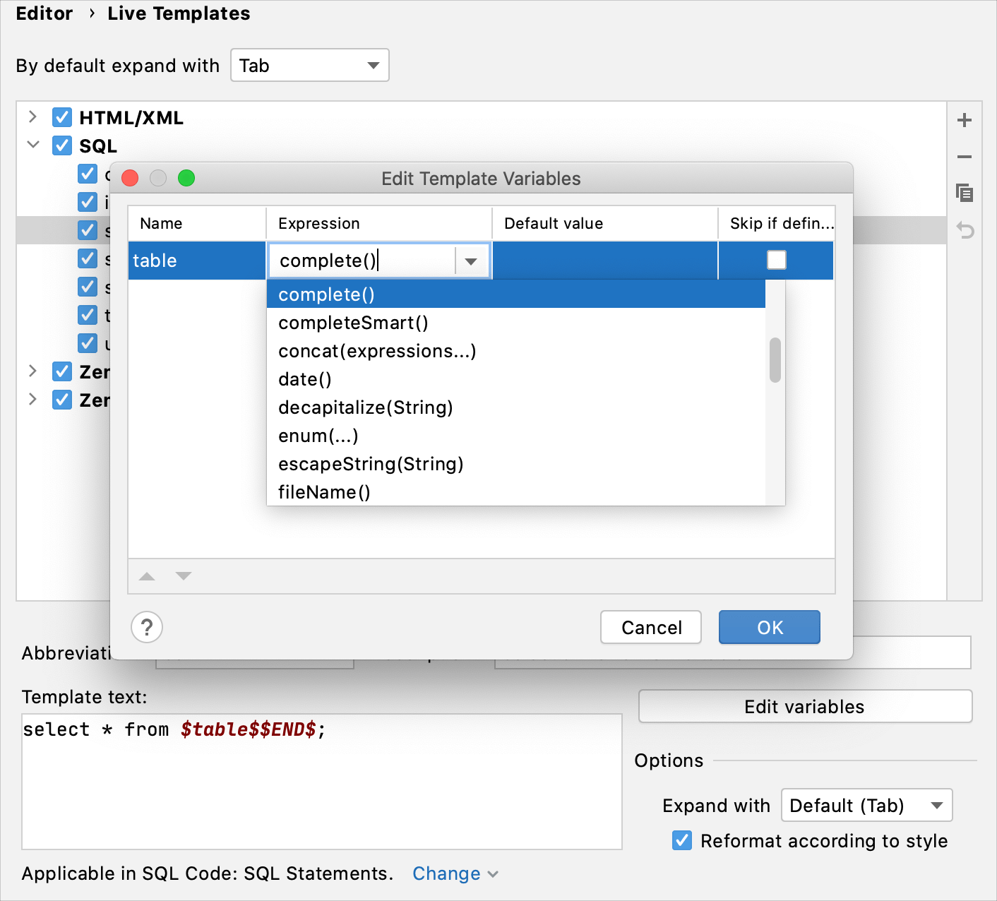 Live Template Variables Datagrip