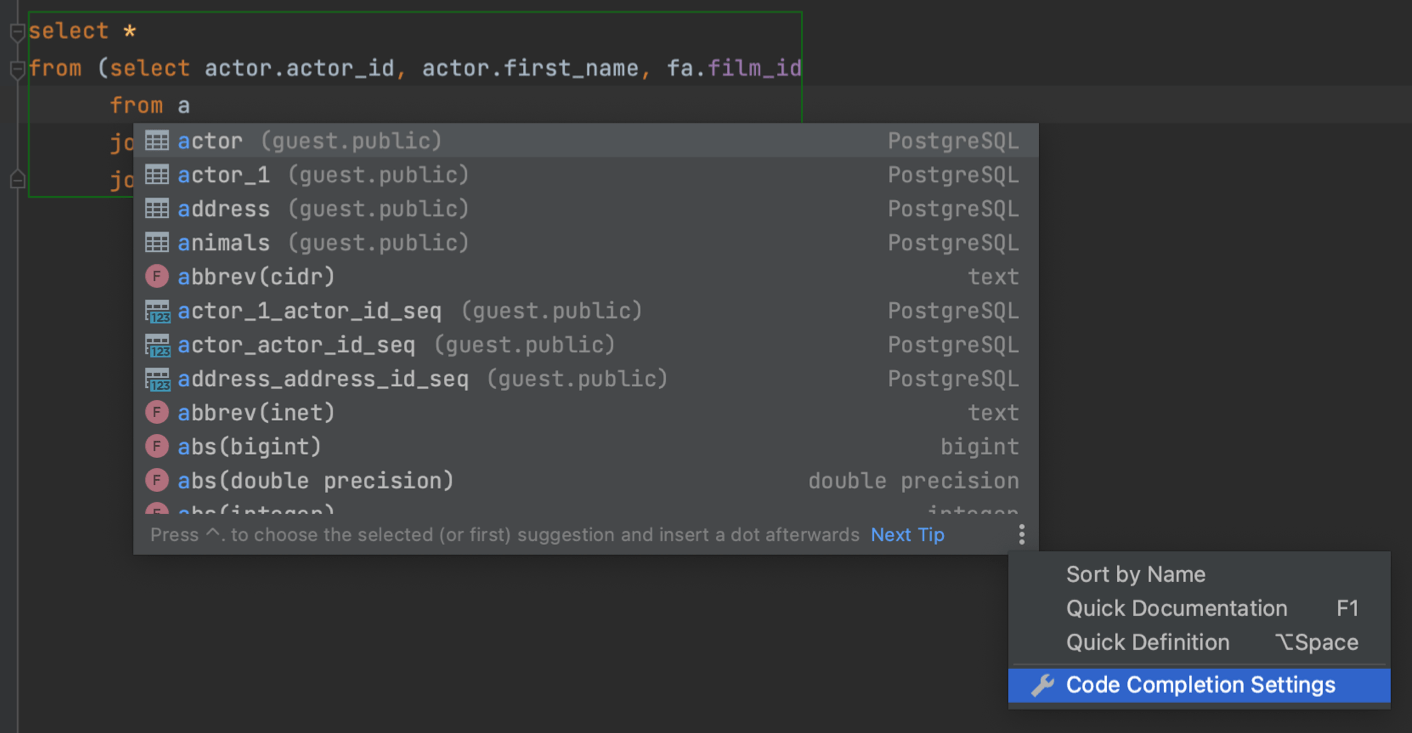 Code completion | DataGrip