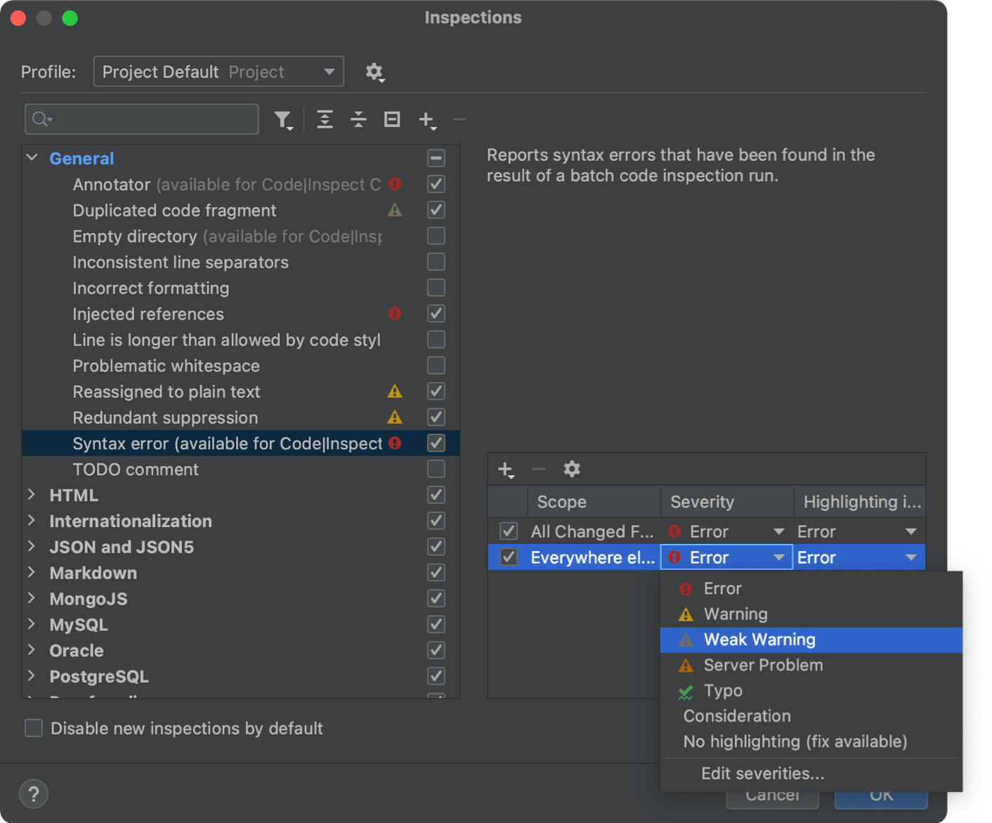 Change inspection severity | DataGrip