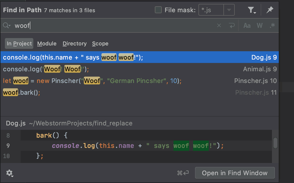 Search for a target within a project | WebStorm