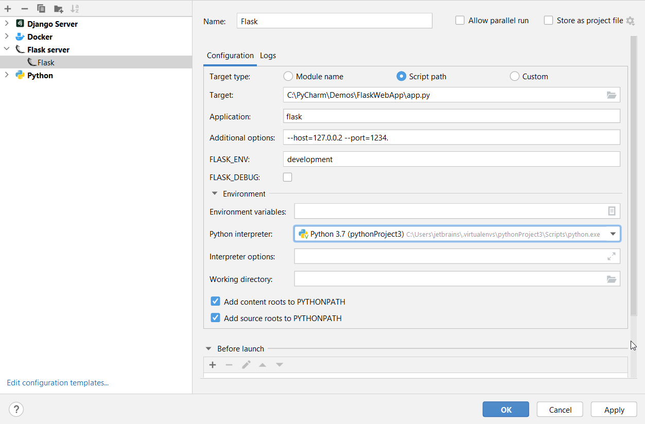 Run Debug Configuration Flask Server PyCharm Documentation
