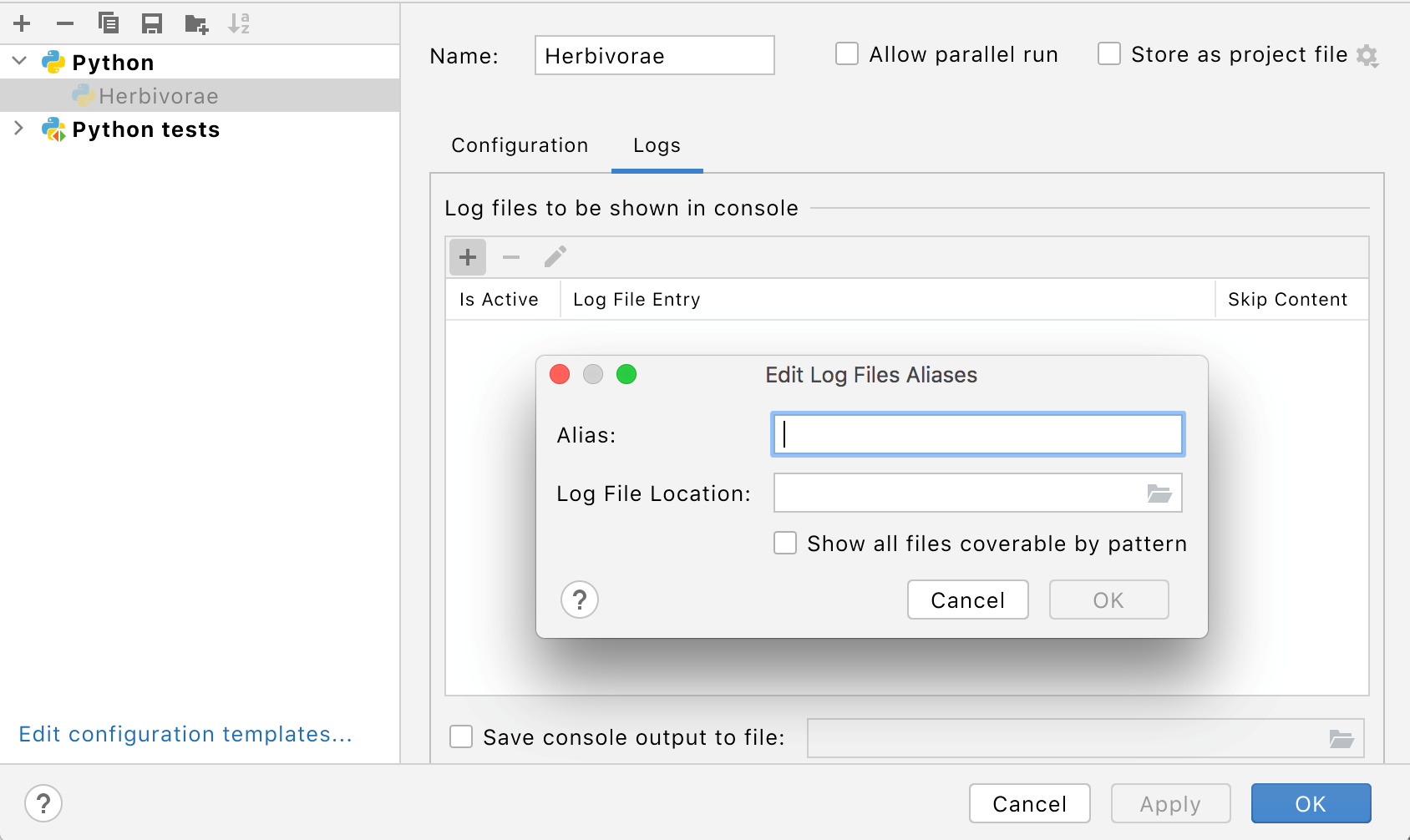 Setting Log Options PyCharm Documentation