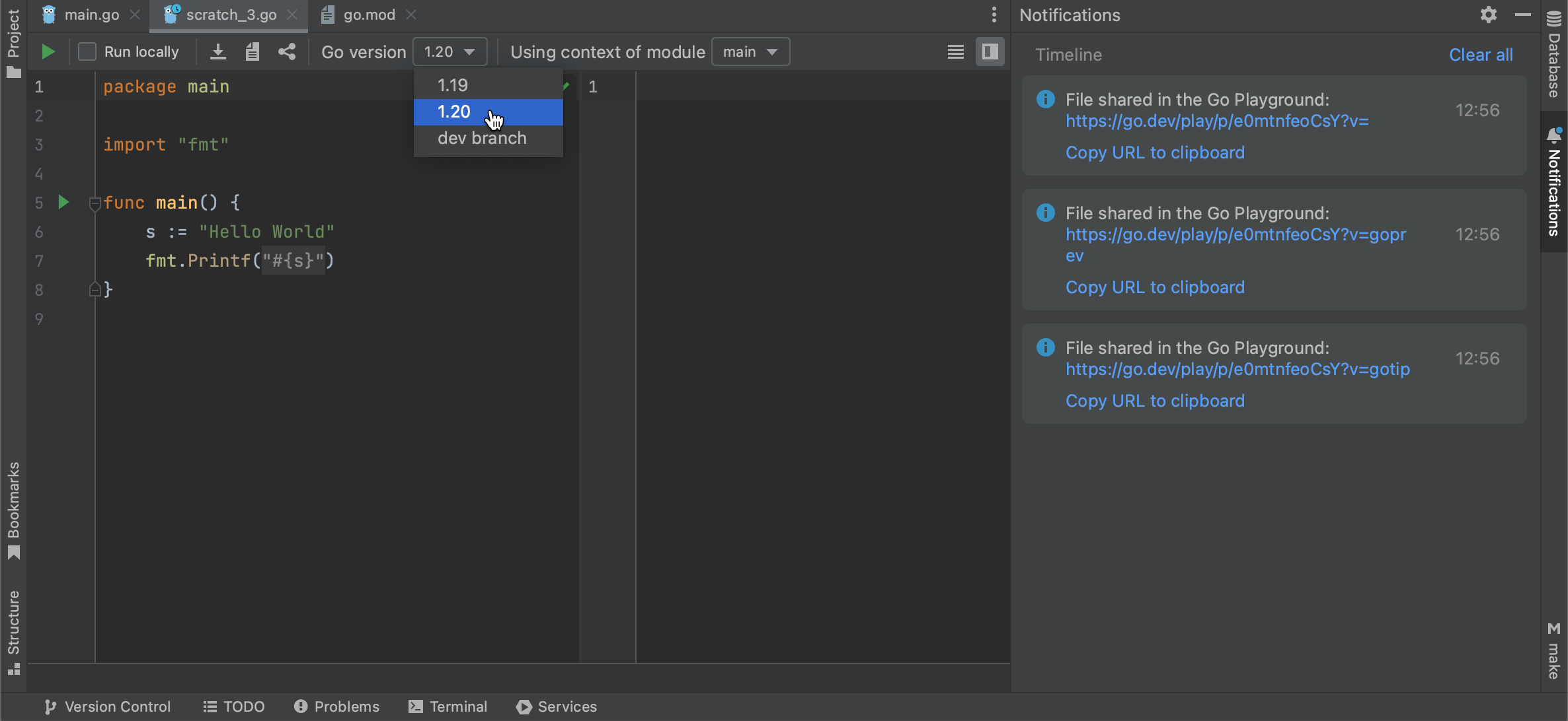 Running applications in Go Playground | GoLand Documentation