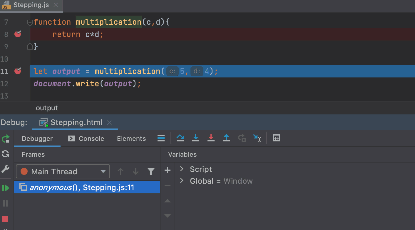 Step through the program | WebStorm Documentation