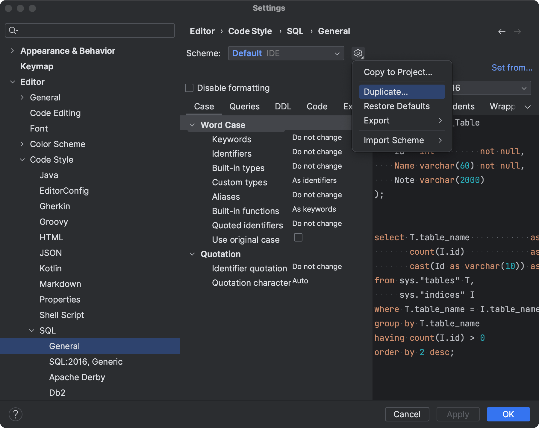 Configure the SQL code style | PyCharm Documentation