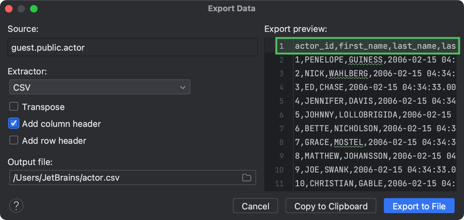 Export | DataGrip Documentation