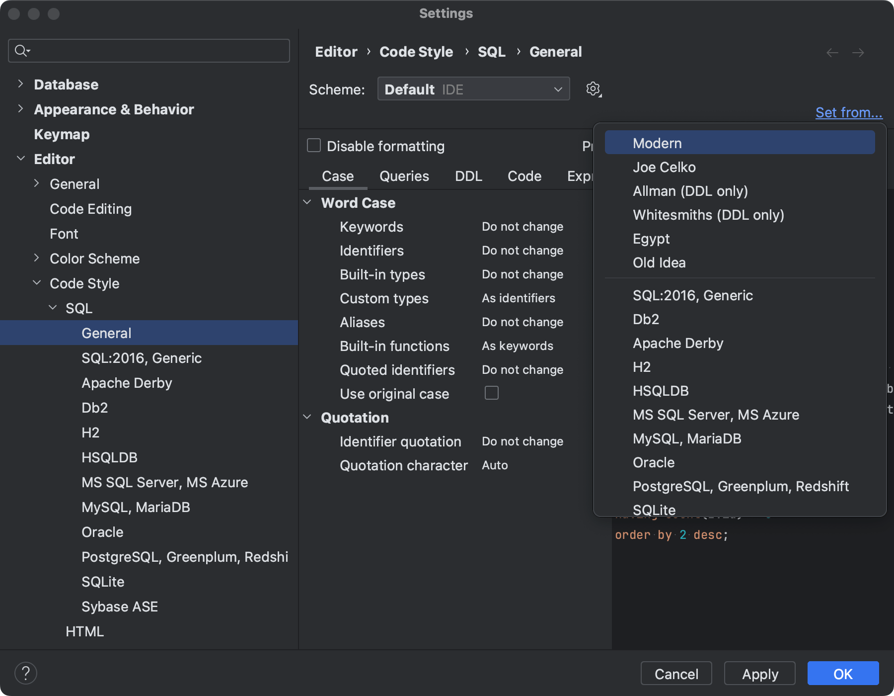 Configure the SQL code style | DataGrip Documentation