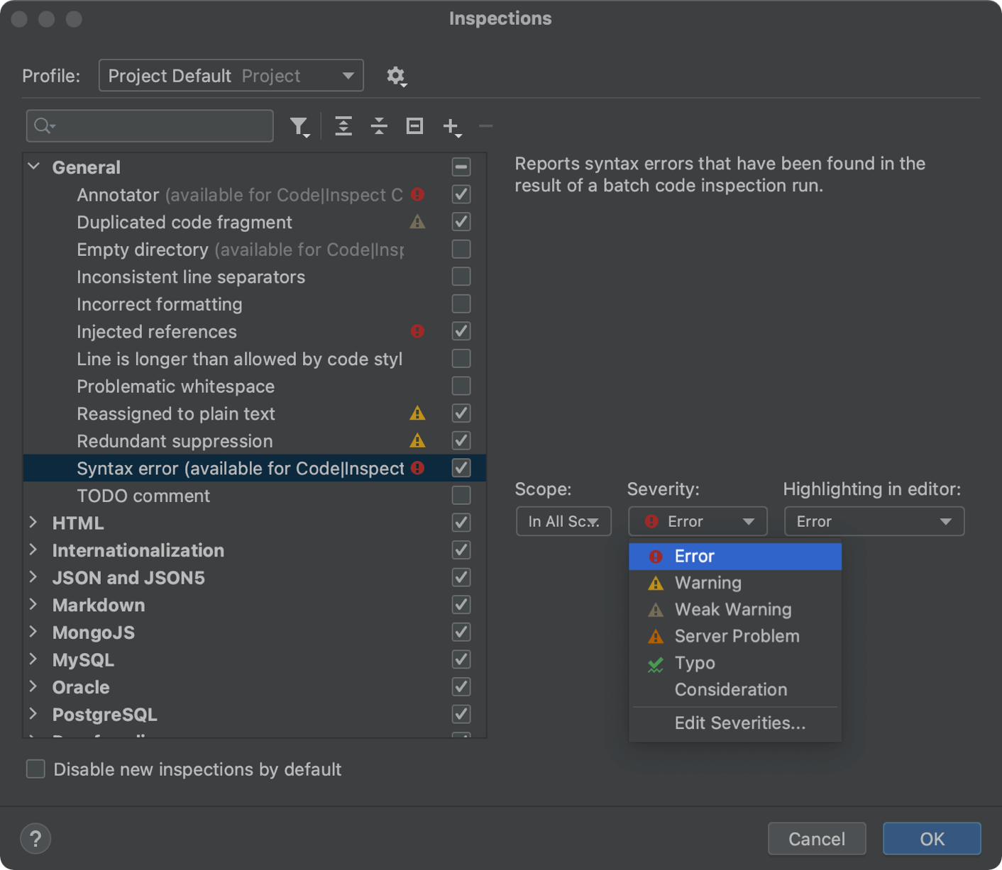 Change inspection severity | DataGrip Documentation