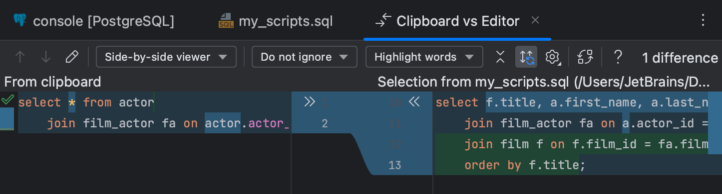 Differences viewer for files | DataGrip Documentation