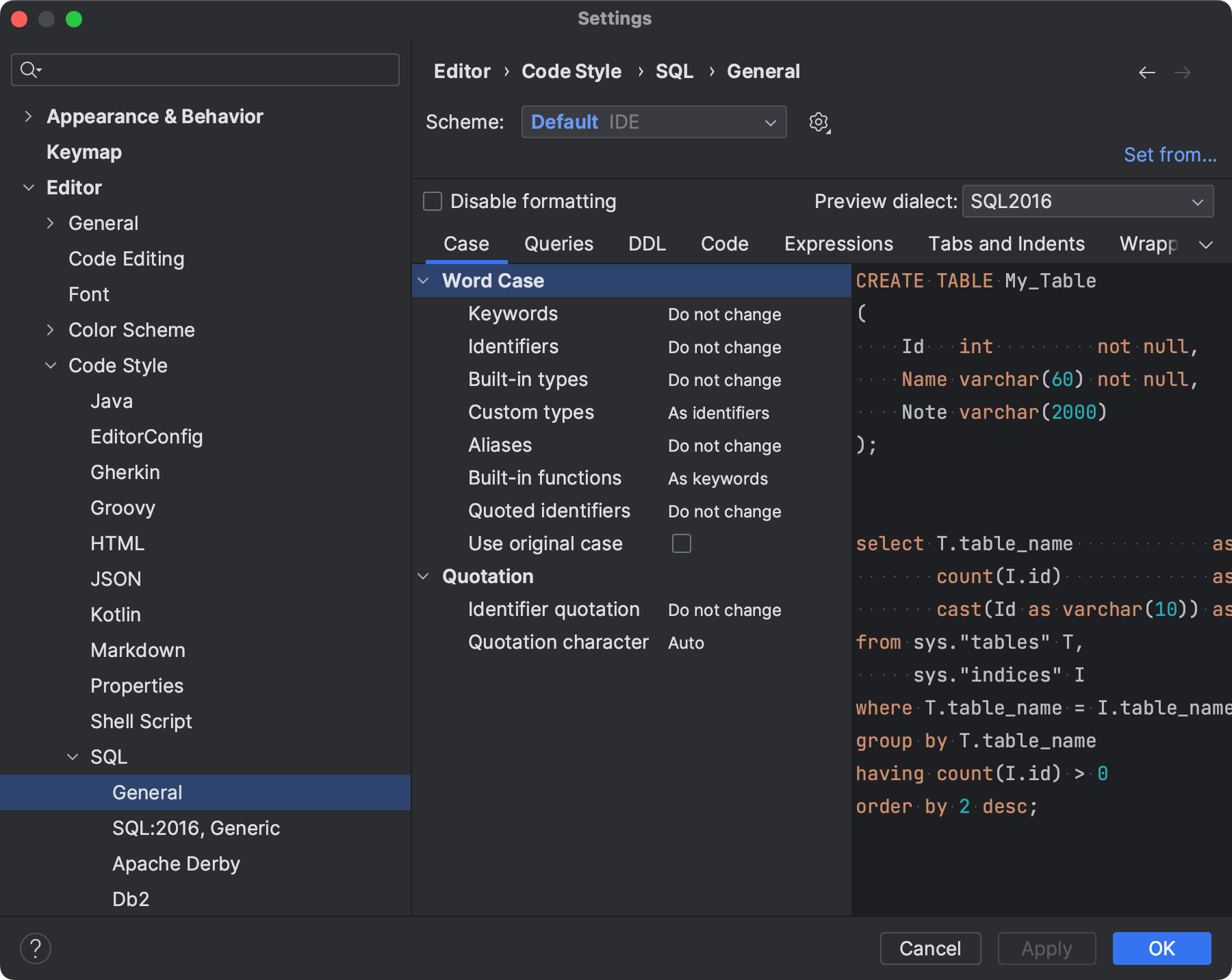 Configure The Sql Code Style Intellij Idea Documentation 1653