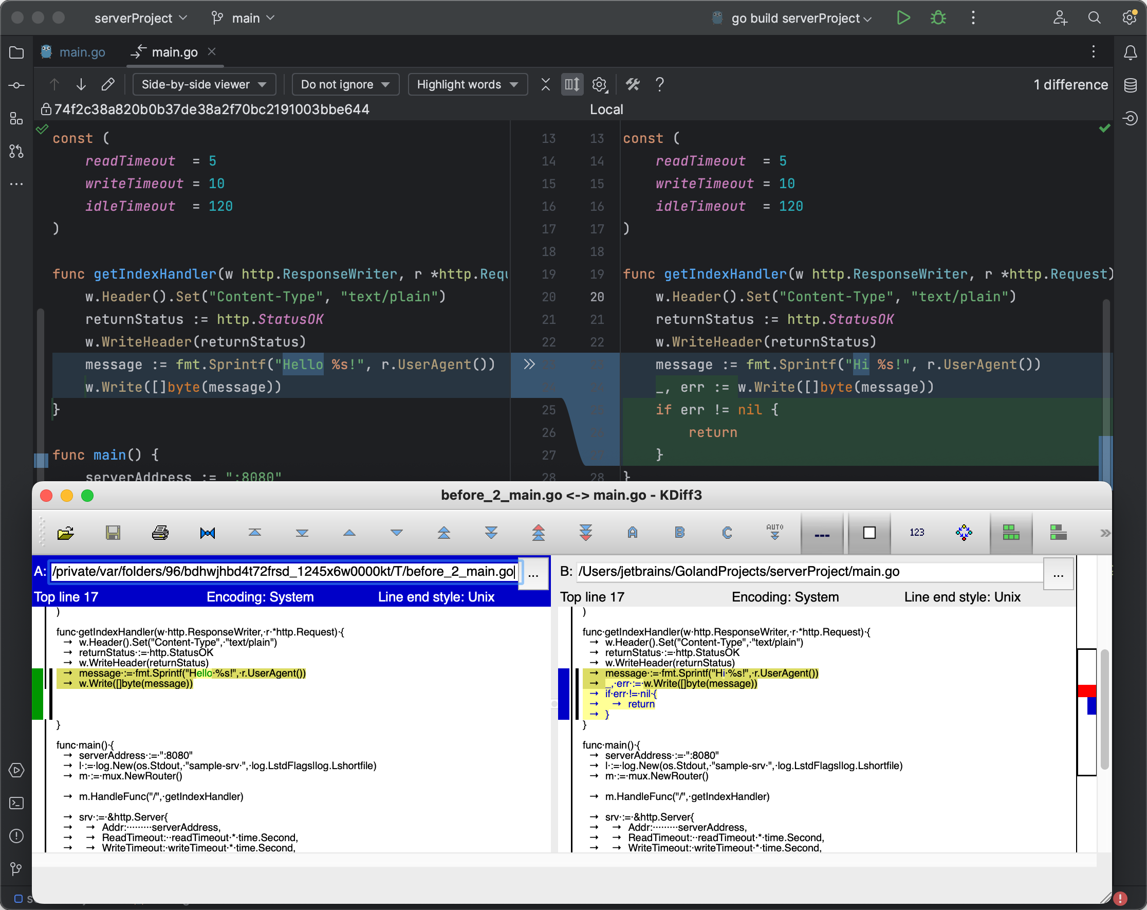 Compare files, folders, and text sources | GoLand Documentation