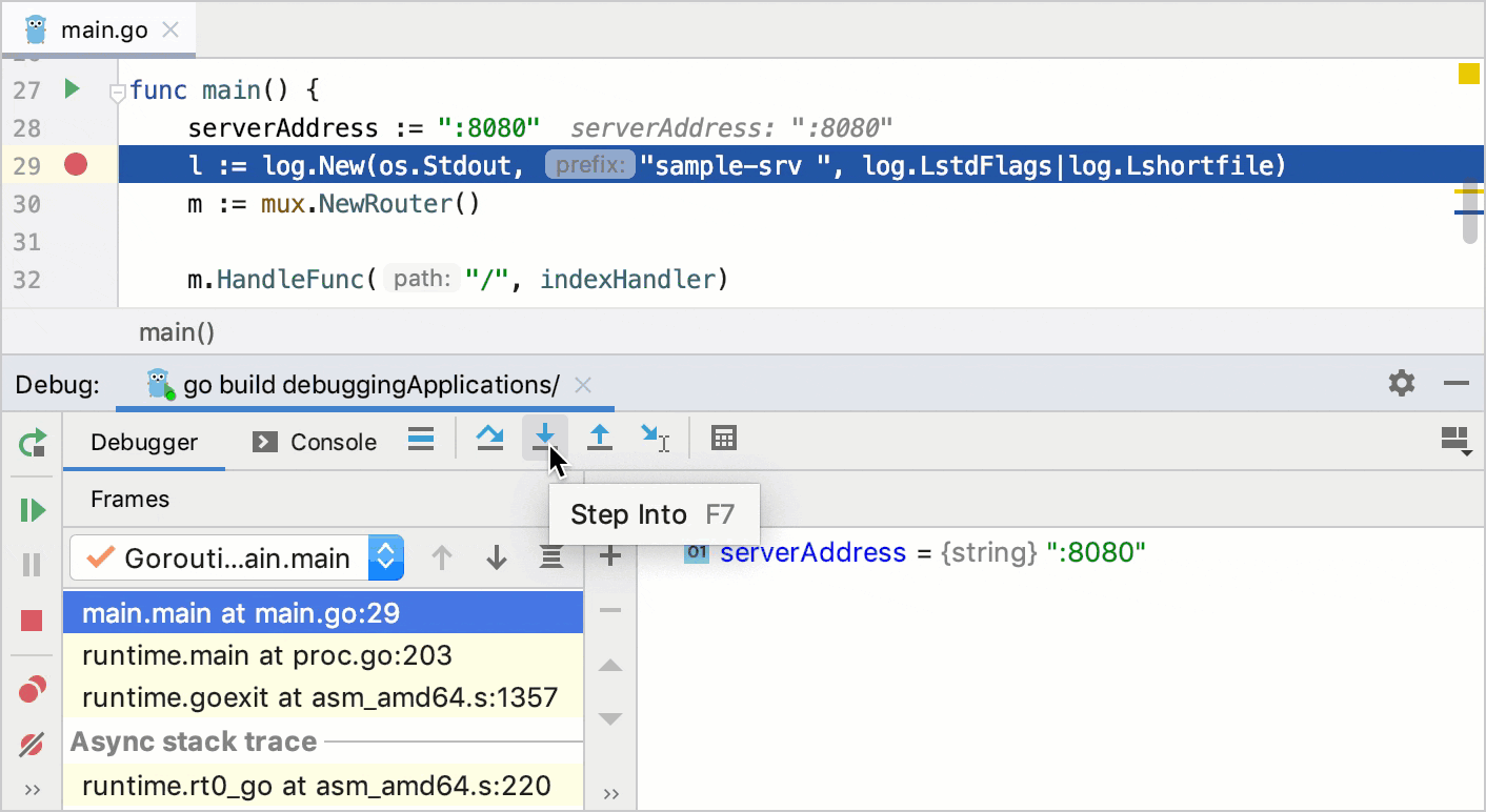 Step through the program | GoLand Documentation