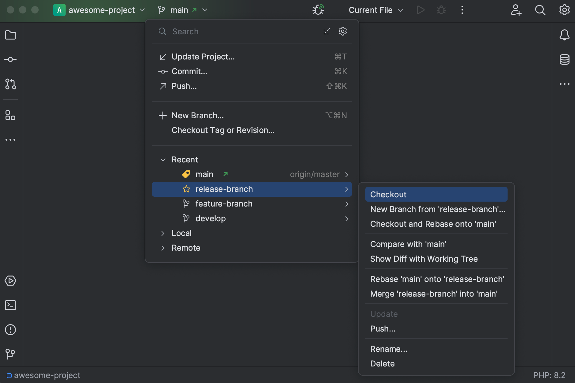 Manage Git branches | PhpStorm Documentation