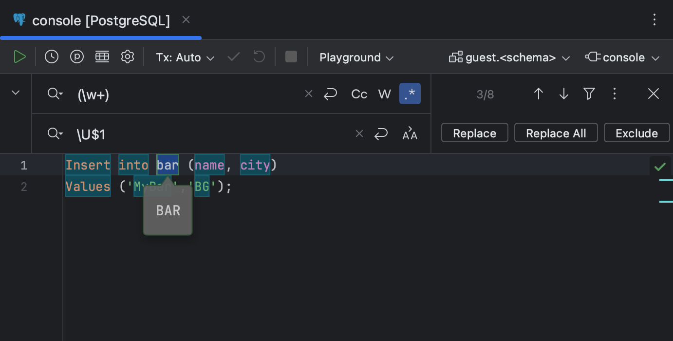 Find and replace text using regular expressions | DataGrip Documentation