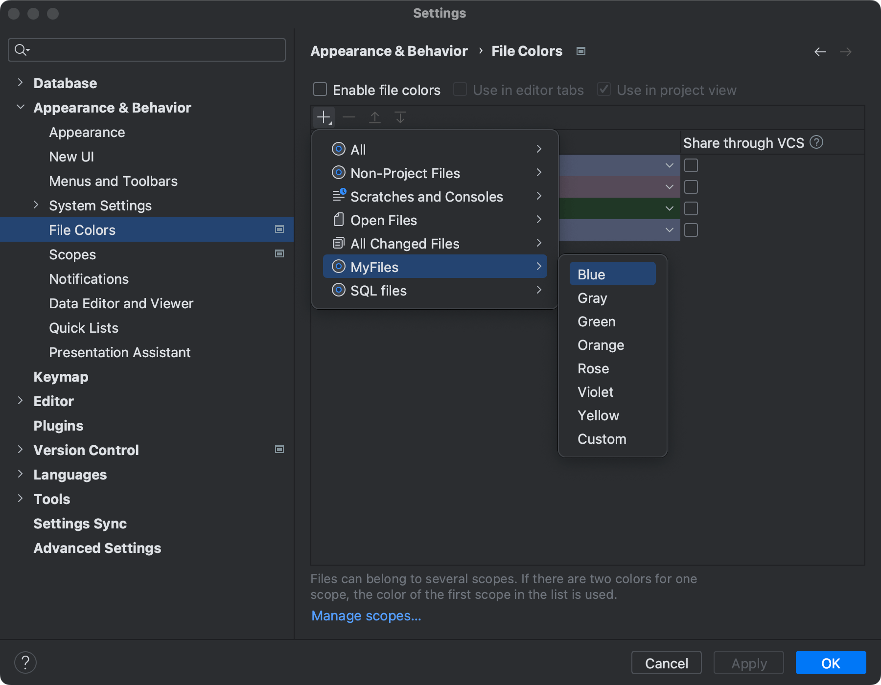 Scopes and file colors | DataGrip Documentation