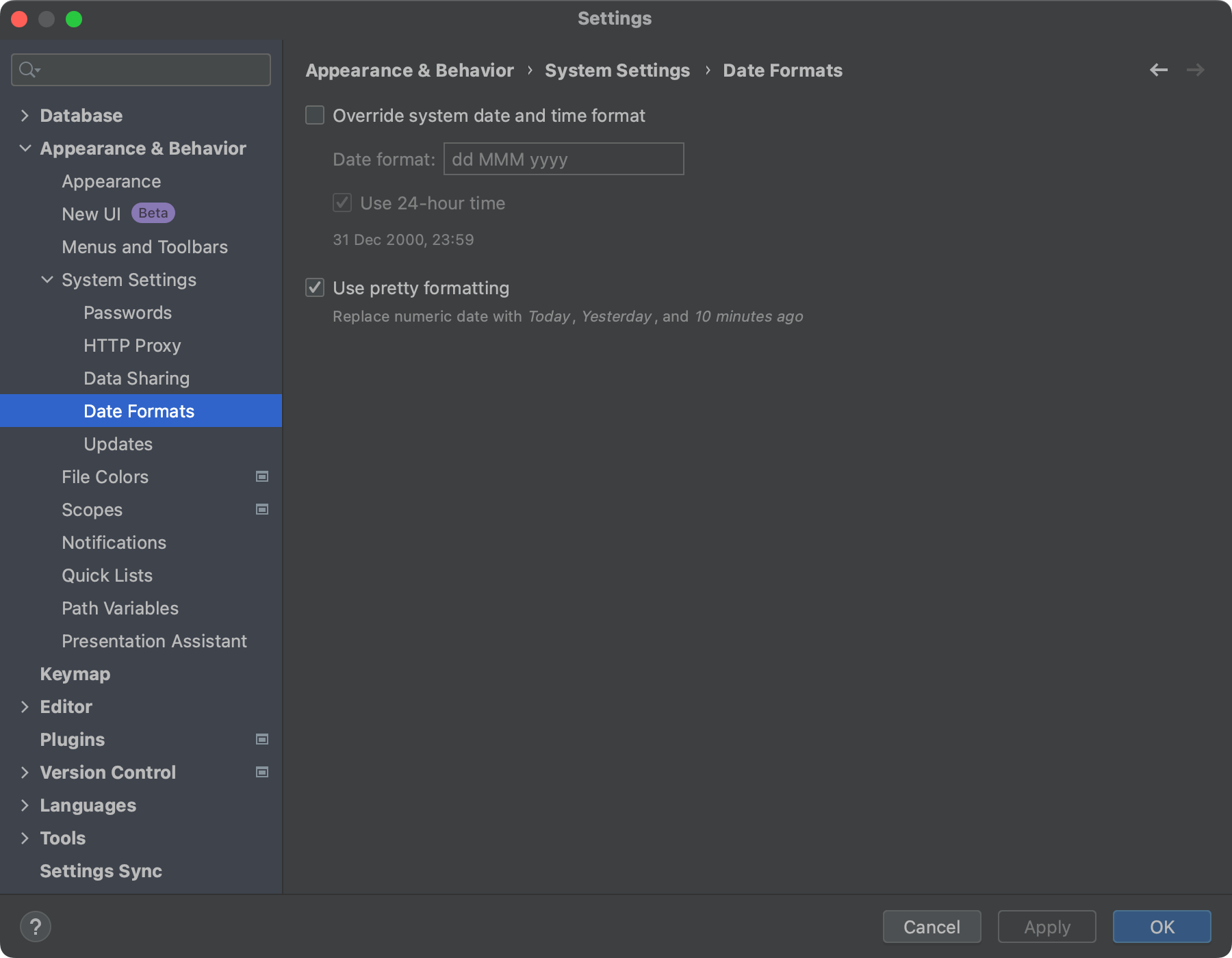 Date Formats Settings DataGrip Documentation