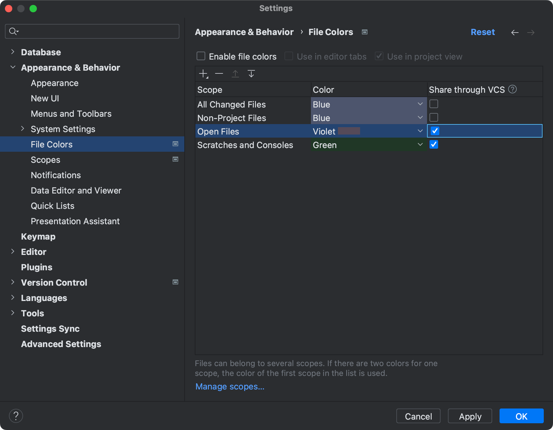 Scopes and file colors | DataGrip Documentation