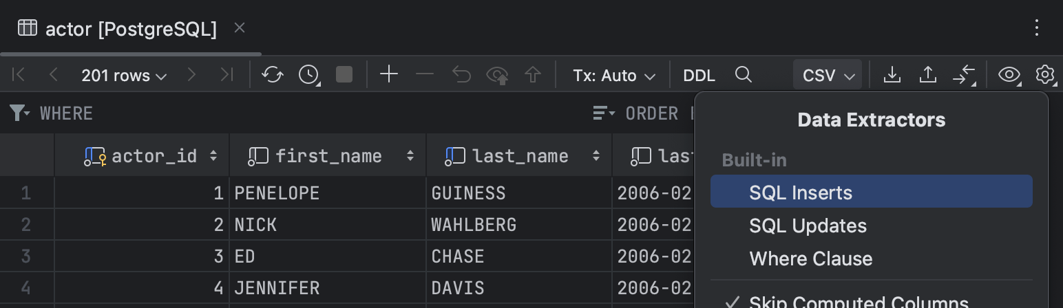 Data extractors | DataGrip Documentation