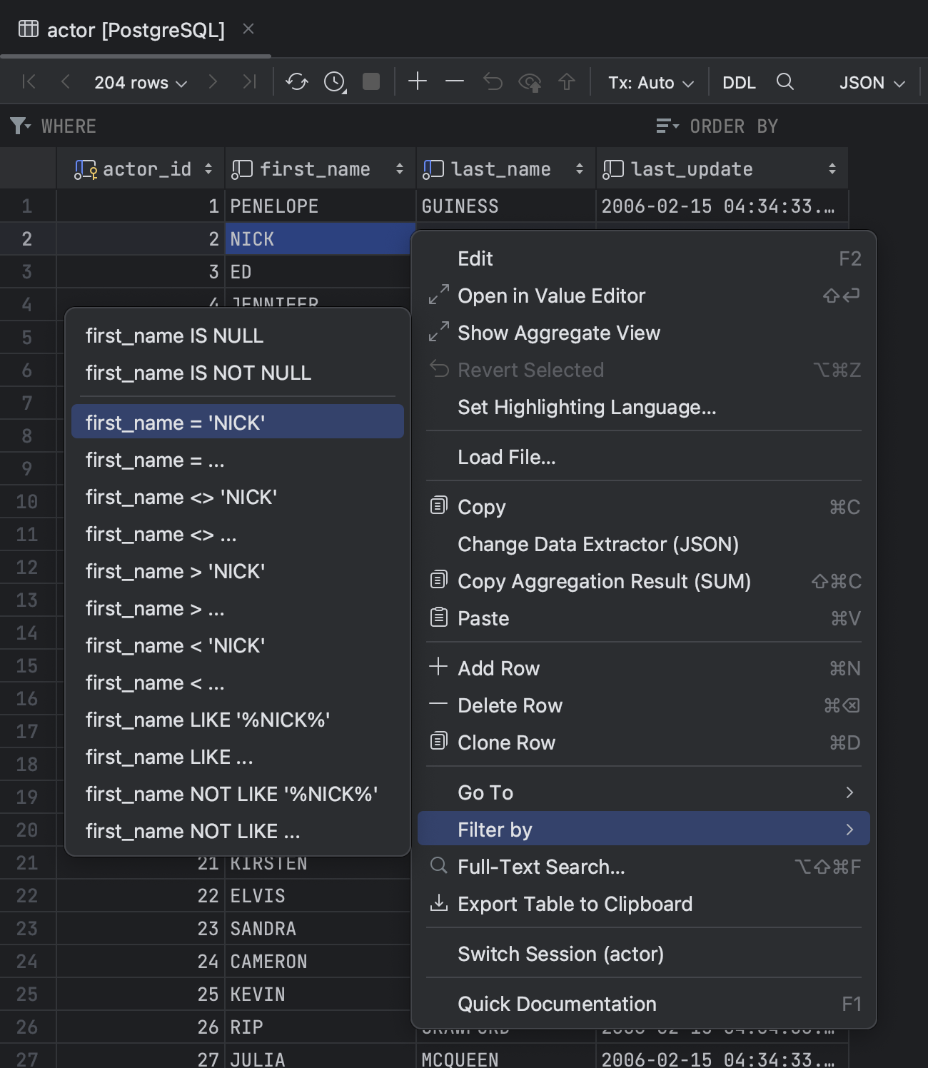 Filter data | DataGrip Documentation